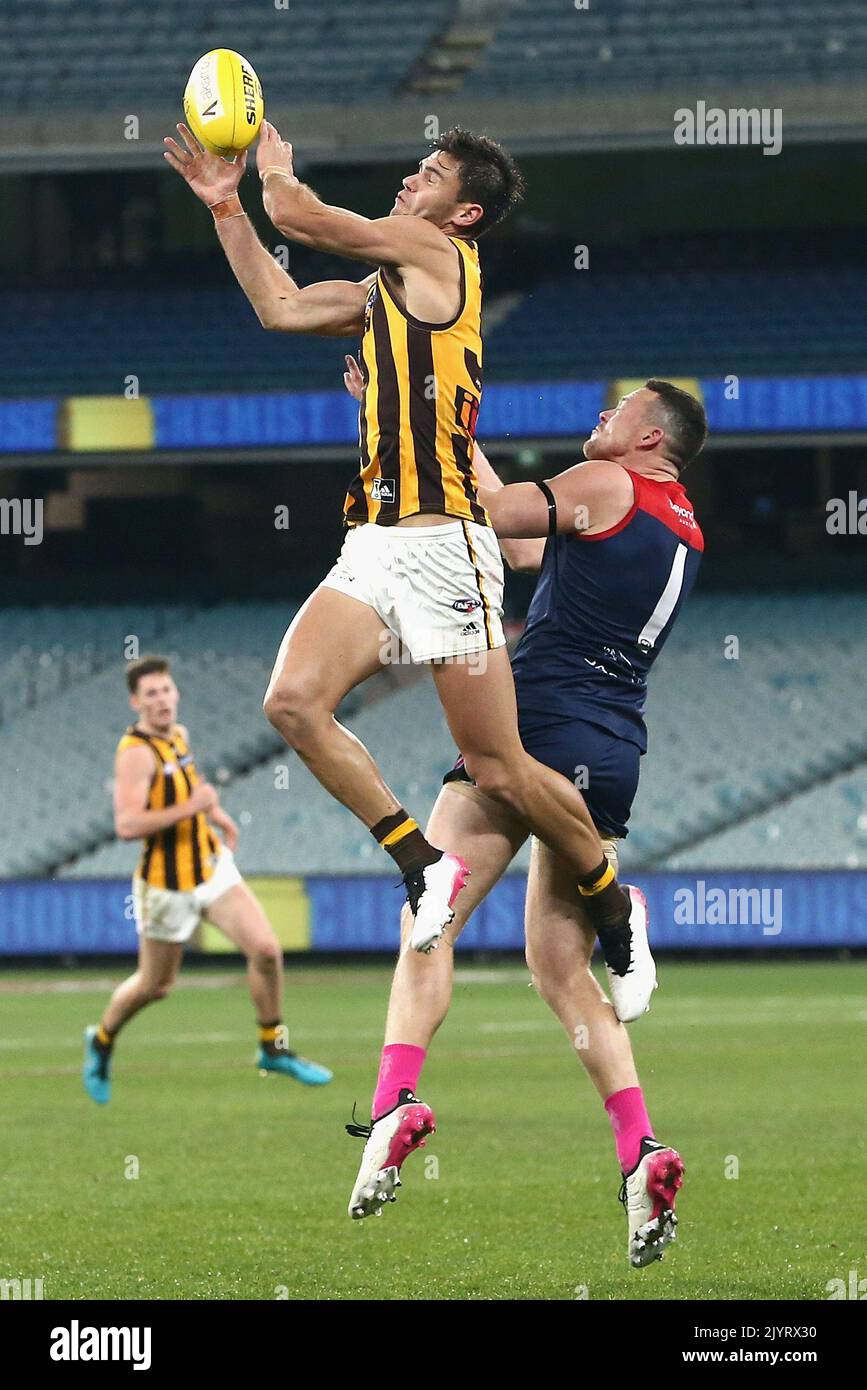 Emerson Jeka of the Hawks attempts a mark during the AFL Round 18Êmatch ...
