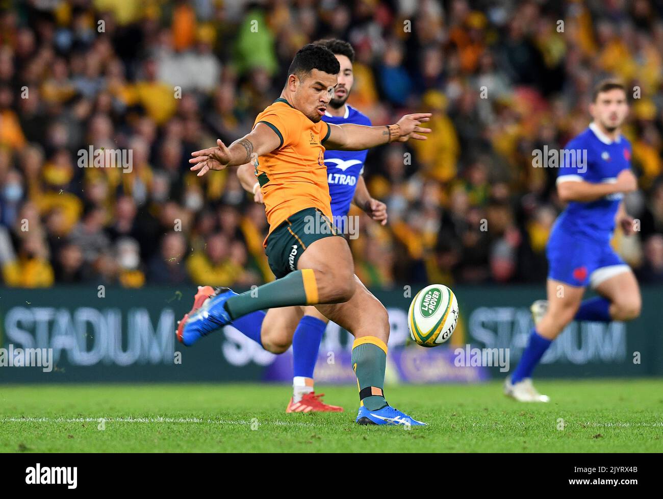 Hunter Paisami of the Wallabies kicks during the third Rugby Union Test ...