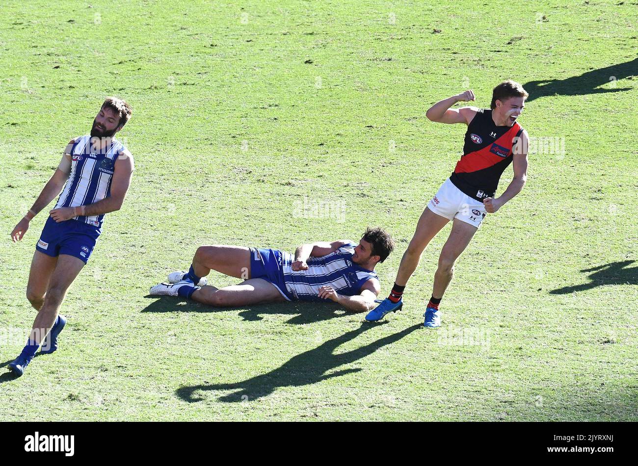 Brayden Ham of the Bombers reacts after kicking a goal during the Round ...