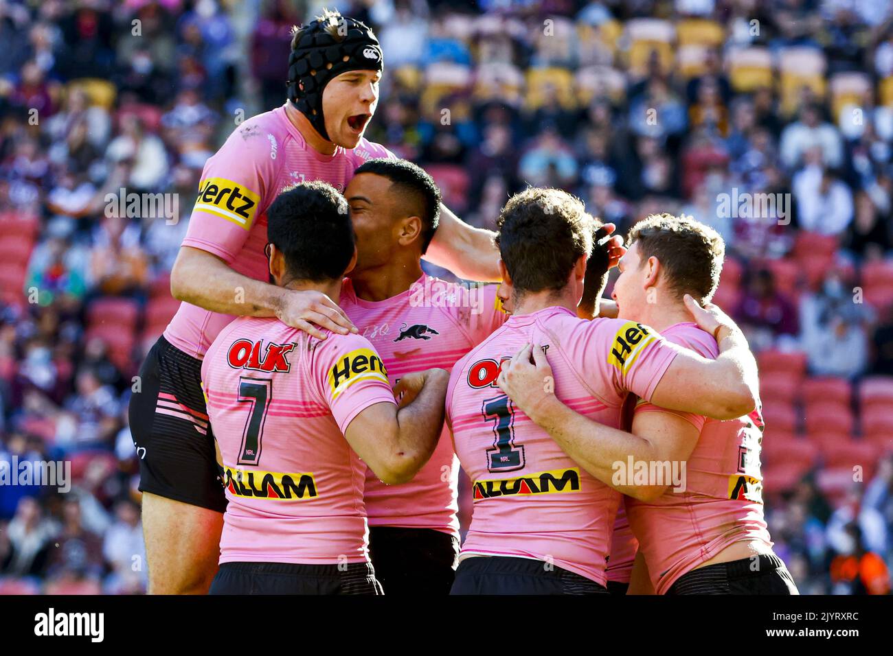 Charlie Staines of the Panthers celebrates with team mates after ...