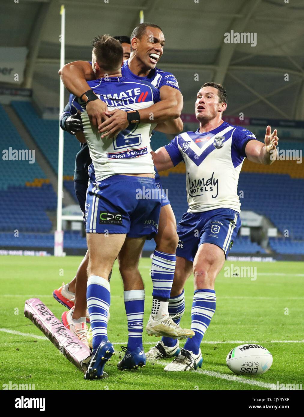Will Hopoate congratualtes Cory Allan on a Bulldogs try during the ...