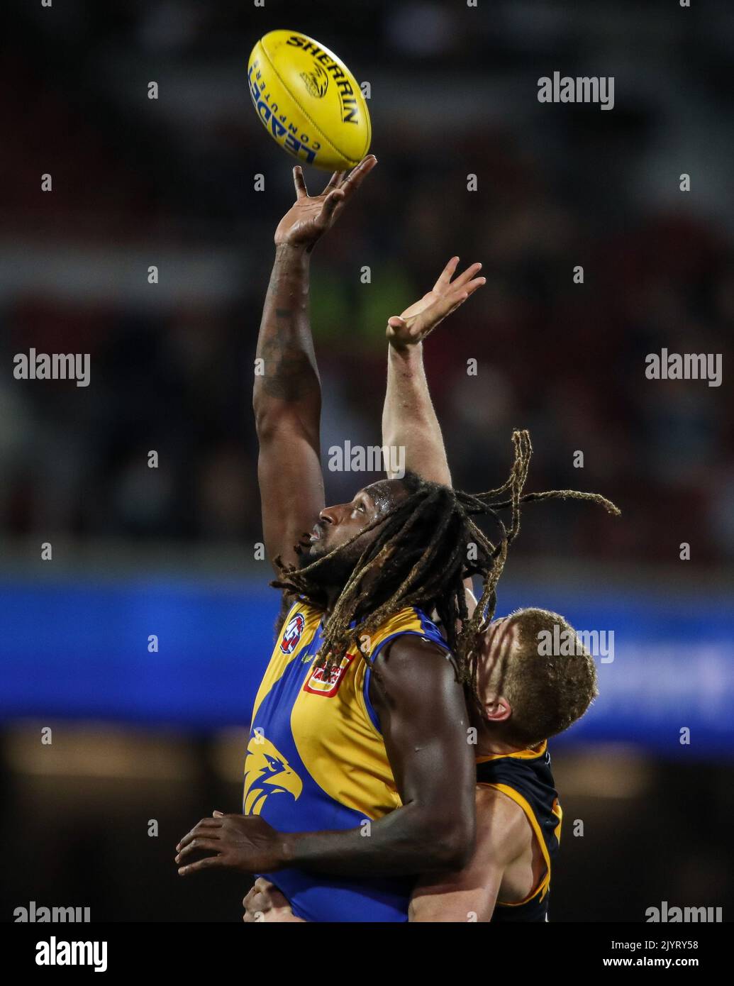 Nic Naitanui of the Eagles and Reilly O'Brien of the Crows compete in a ...