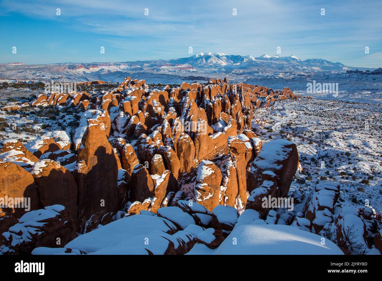 Snow on Fiery Furnace Entranda sandstone fins with snow-capped La Sal ...