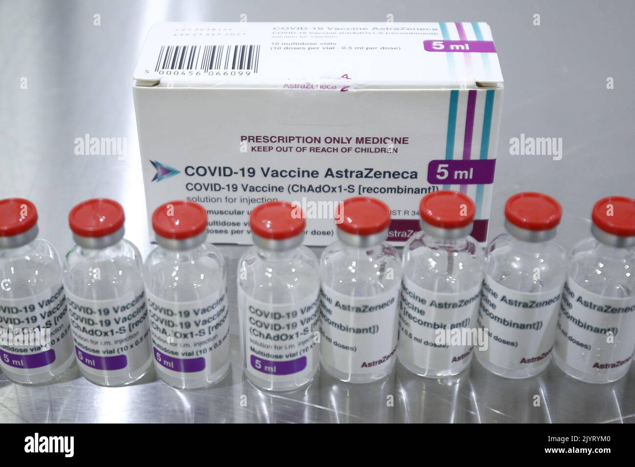 AstraZeneca vials are seen at a mass coronavirus vaccination hub at the ...