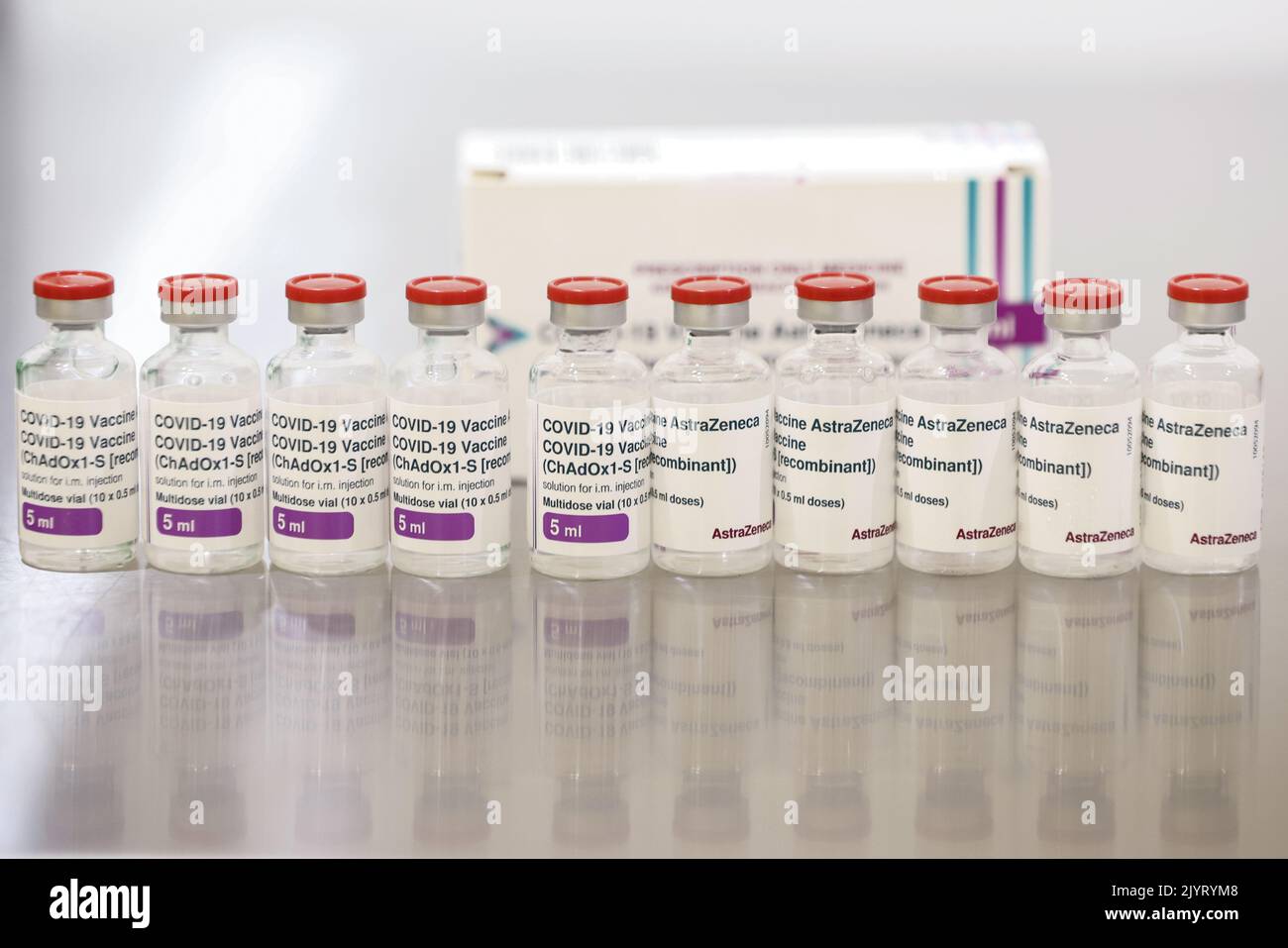 AstraZeneca vials are seen at a mass coronavirus vaccination hub at the ...