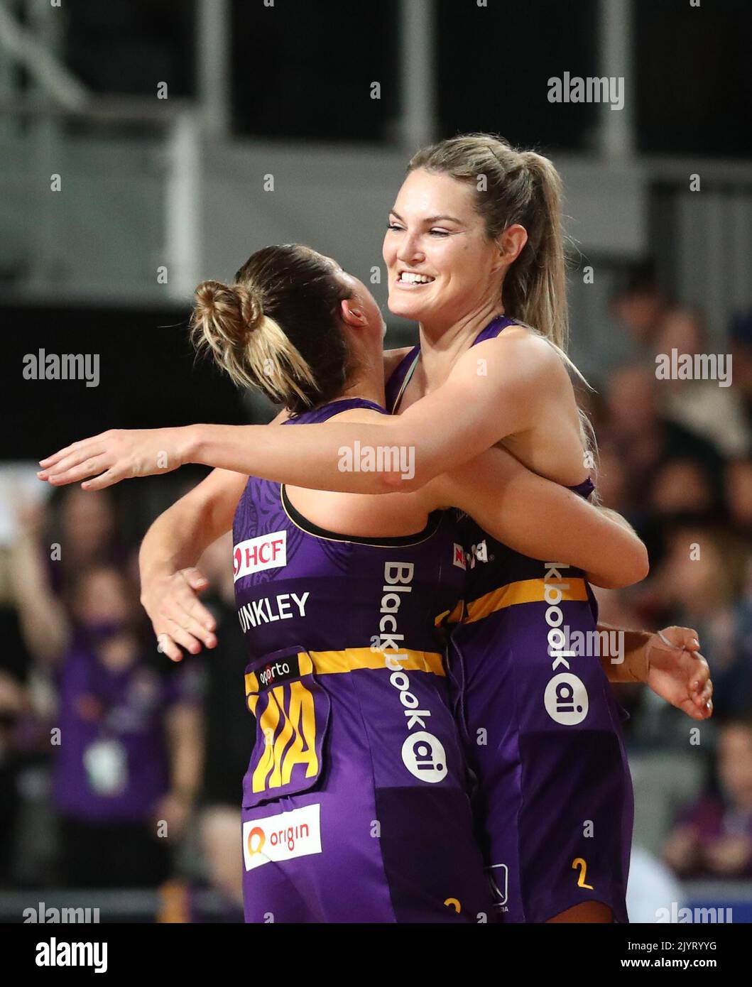 Firebirds players Gretel Bueta and Lara Dunkley celebrate their win ...