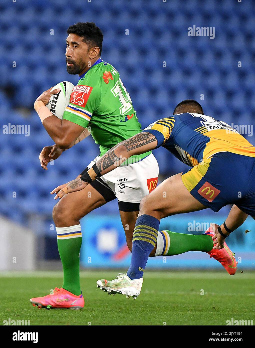 Iosia Soliola of the Raiders takes the ball up during the Round 19 NRL ...