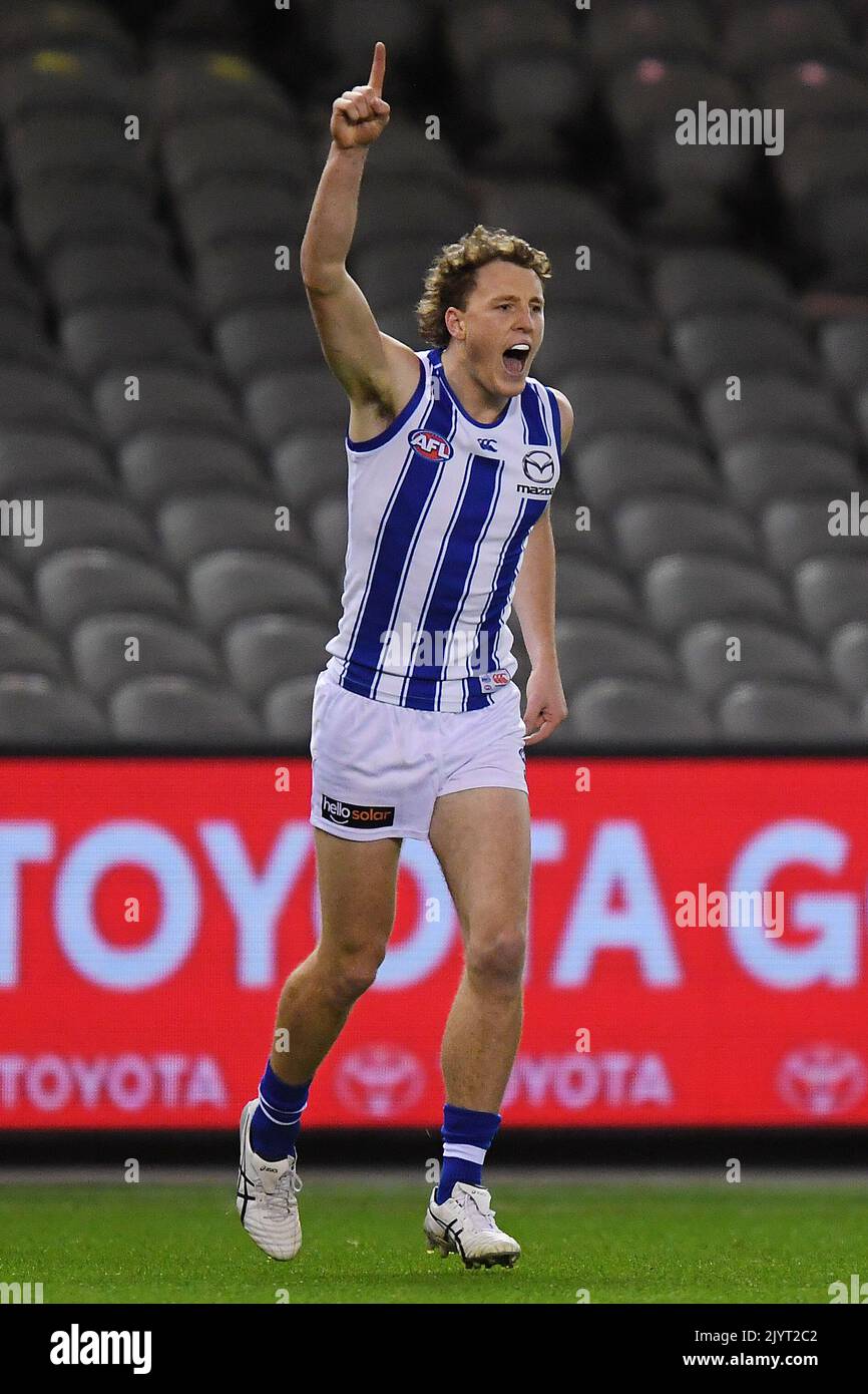 Nick Larkey of North Melbourne reacts after kicking a goal during the ...