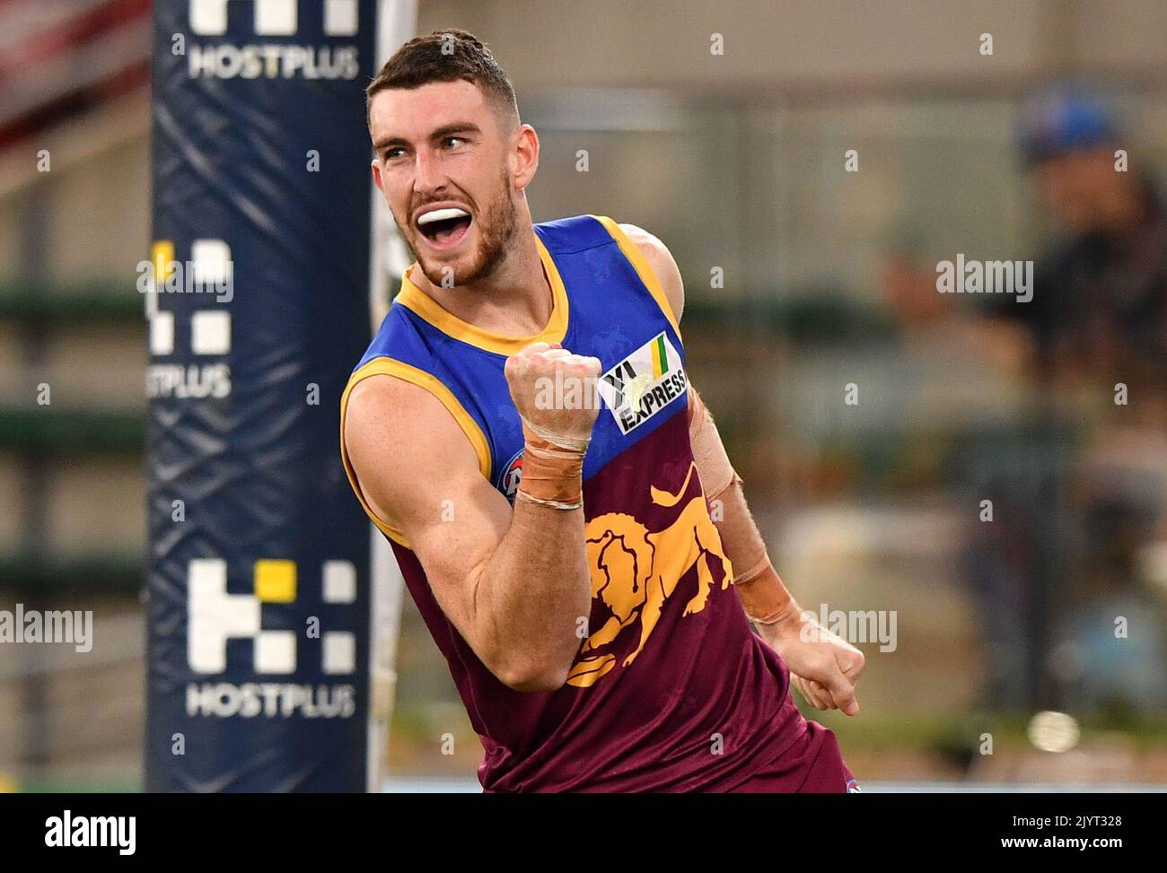 Daniel McStay of the Lions celebrates kicking a goal during the AFL ...