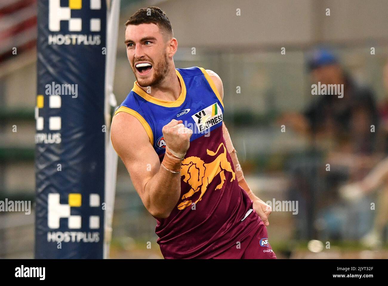 Daniel McStay of the Lions celebrates kicking a goal during the AFL ...