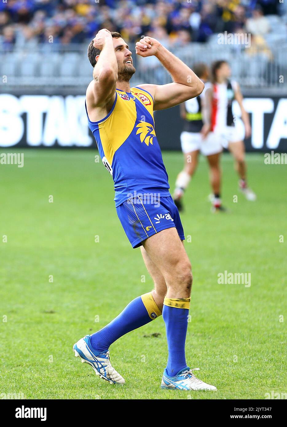Jack Darling of the Eagles celebrates kicking a goal during the AFL ...