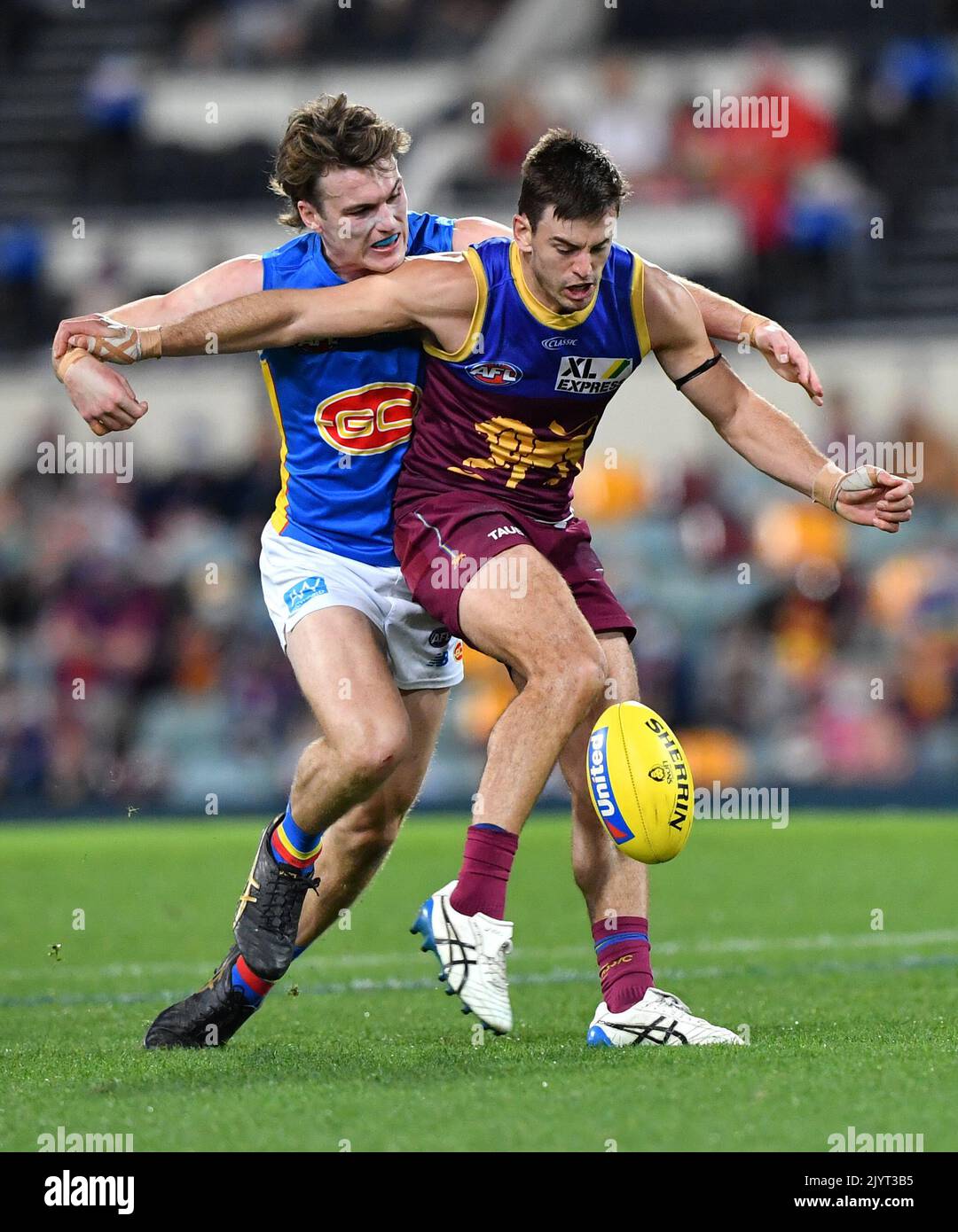 Jarryd Lyons (right) of the Lions in action during the AFL Round 19 ...