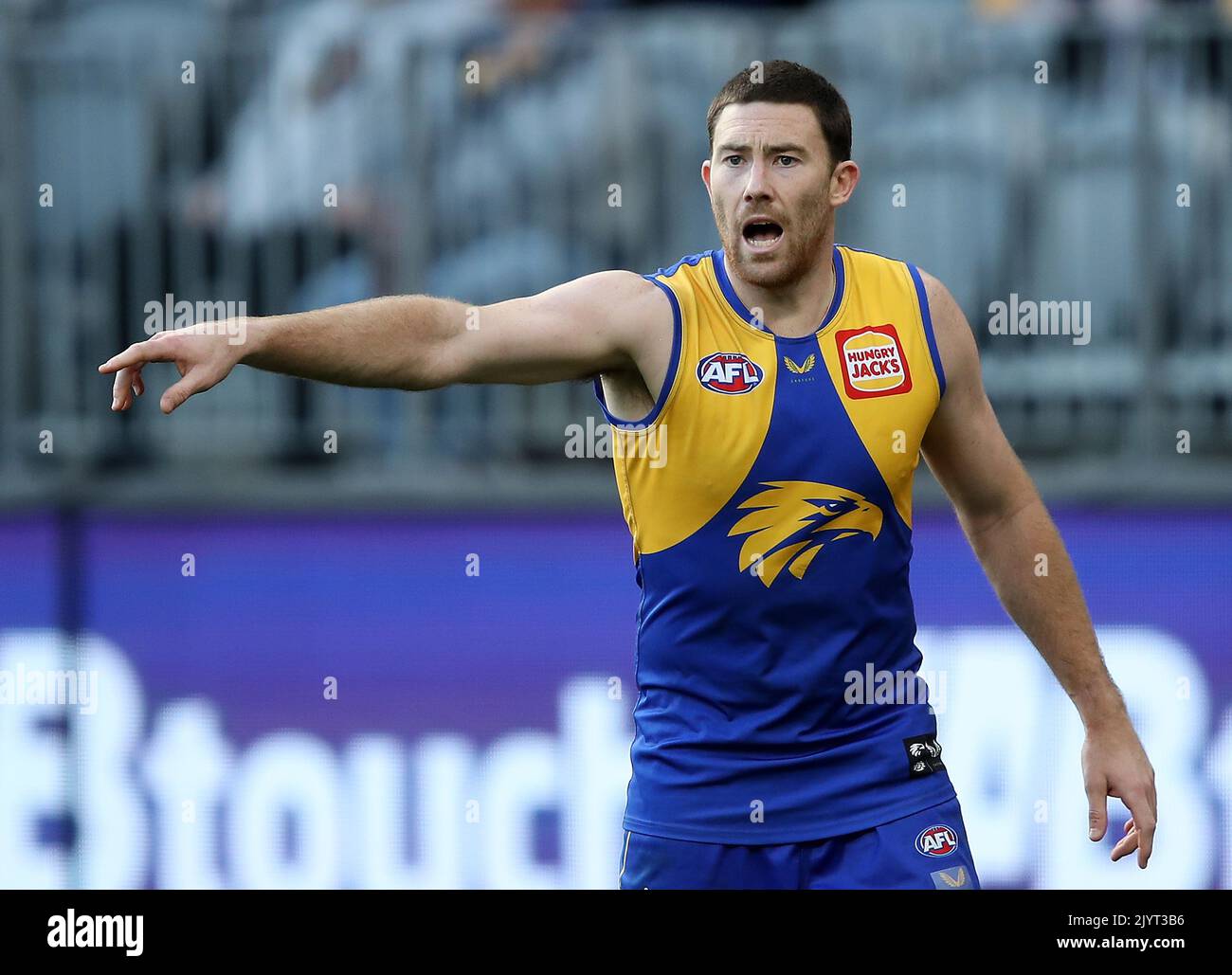 Jeremy McGovern of the Eagles shouts instructions during the AFL Round ...