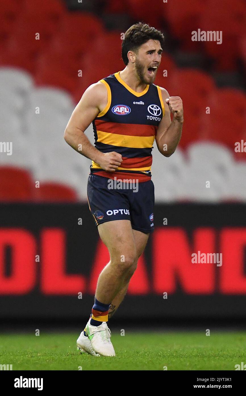 Lachlan Murphy of the Adelaide Crows reacts after kicking a goal during ...