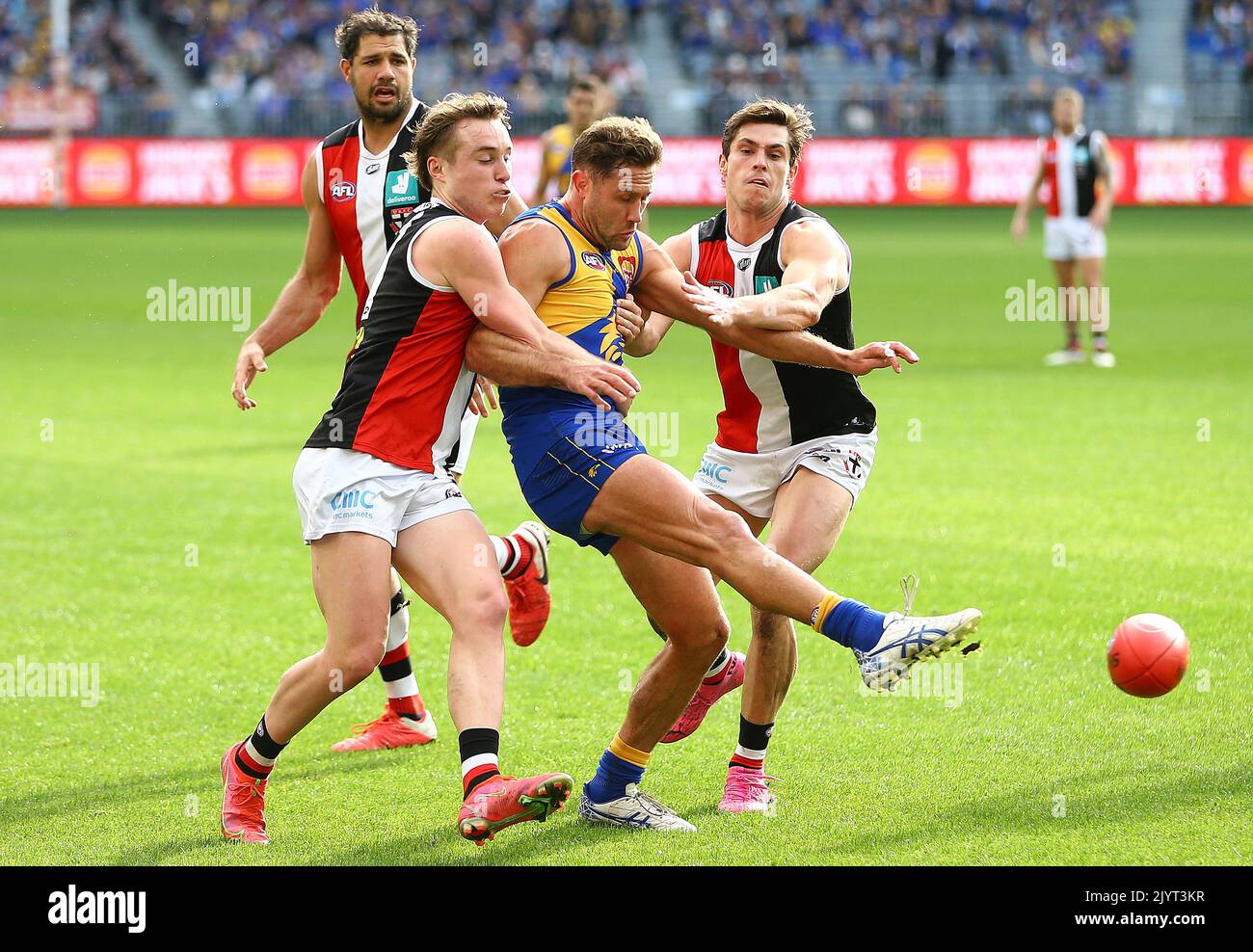 Mark Hutchings of the Eagles is tackled by Jack Steele of the saints during the AFL Round 19 ...