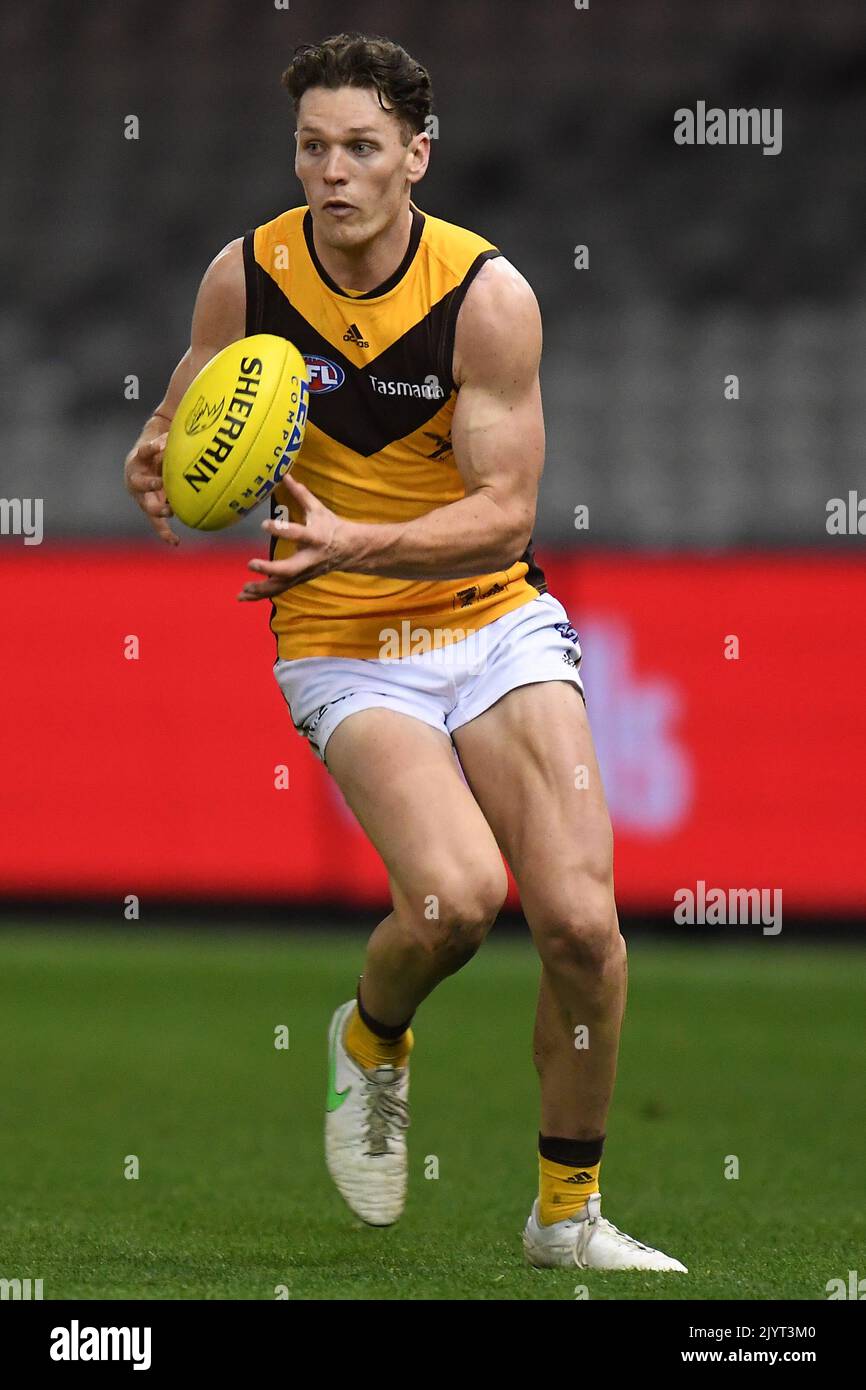 Jacob Koschitzke of Hawthorn in action during the AFL Round 19 match ...