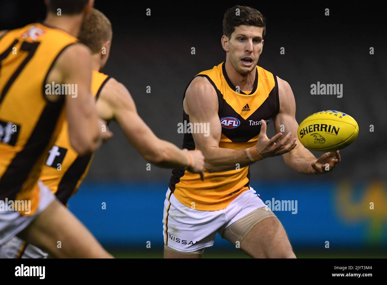 Luke Breust of Hawthorn (right) in action during the AFL Round 19 match ...