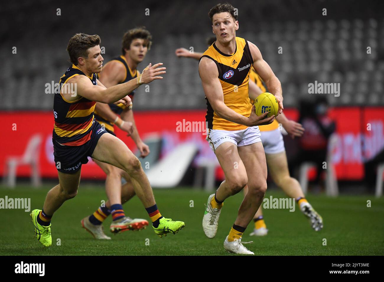 Jacob Koschitzke of Hawthorn (right) in action during the AFL Round 19 ...