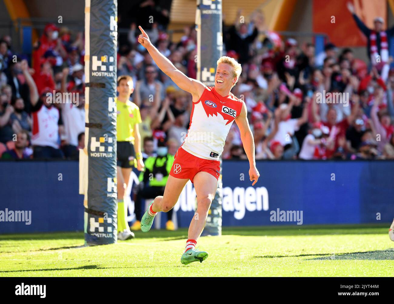 Isaac Heeney of the Swans reacts after kicking his 4th goal during the ...