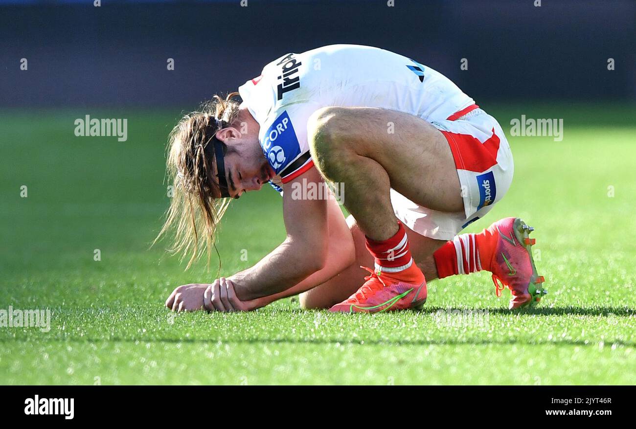 Cody Ramsey of the Dragons is seen injured during the Round 19 NRL ...