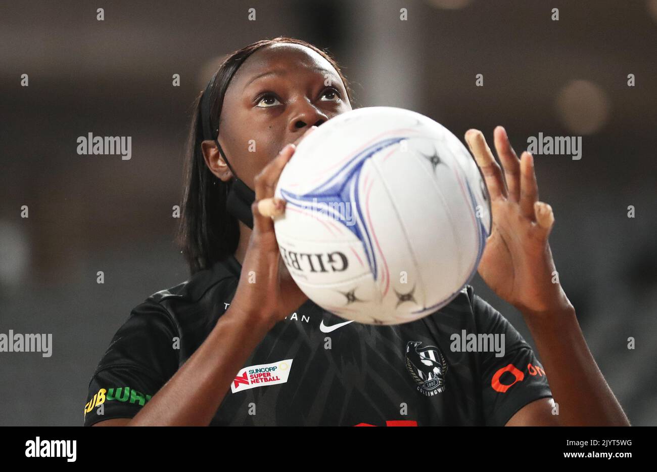 Shimona Nelson of the Magpies warms up during the Round 12 Super ...