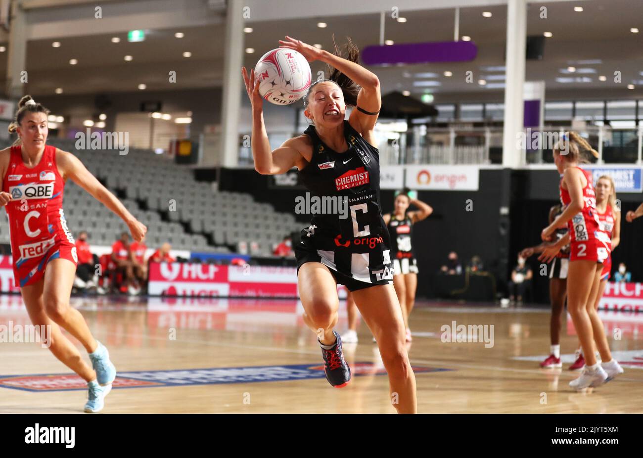 Molly Jovic of the Magpies in action during the Round 12 Super Netball ...
