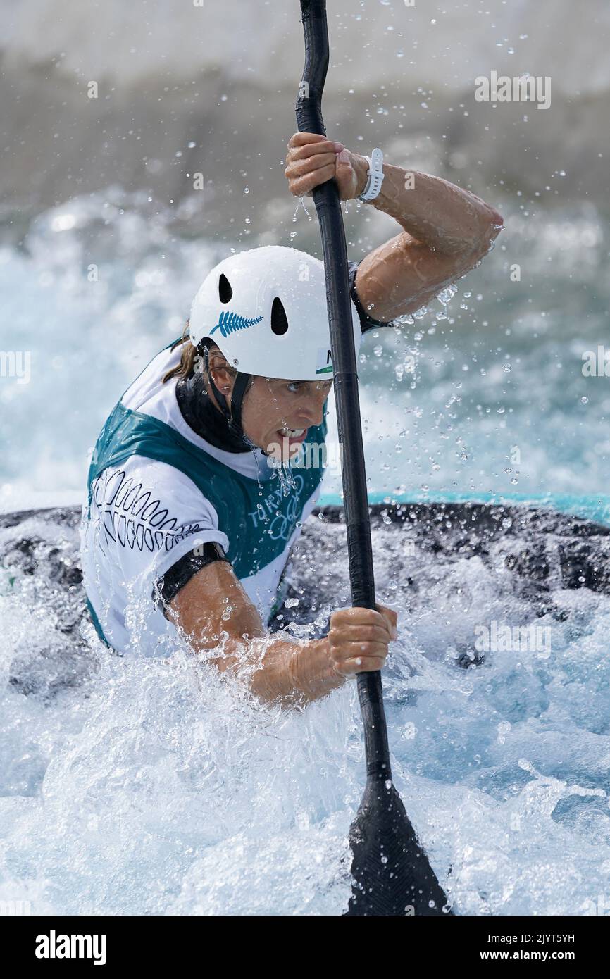 Luuka Jones of New Zealand in action during the Women’s Canoe Slalom K1 ...