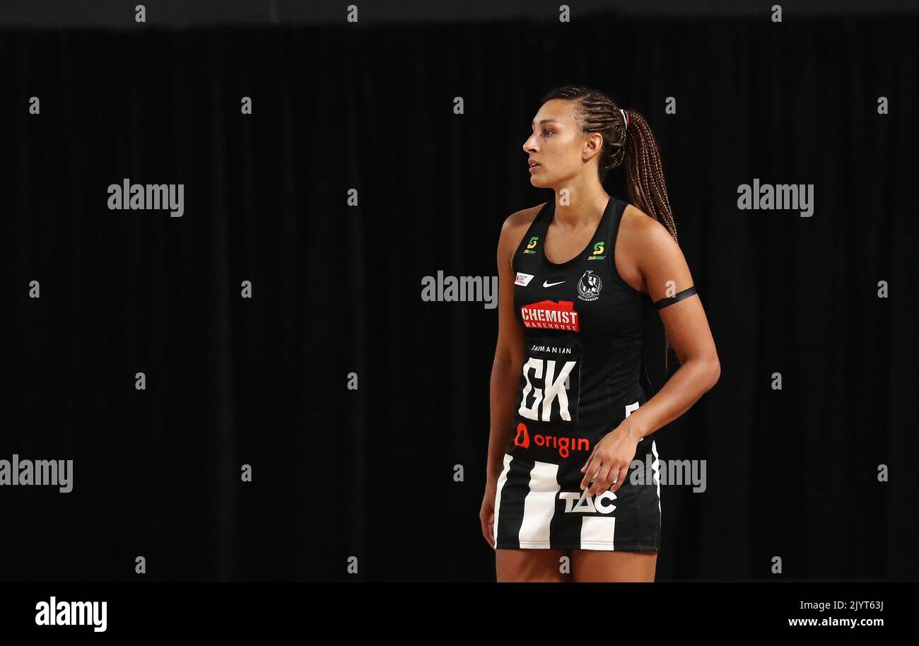 Geva Mentor of the Magpies looks on during the Round 12 Super Netball ...