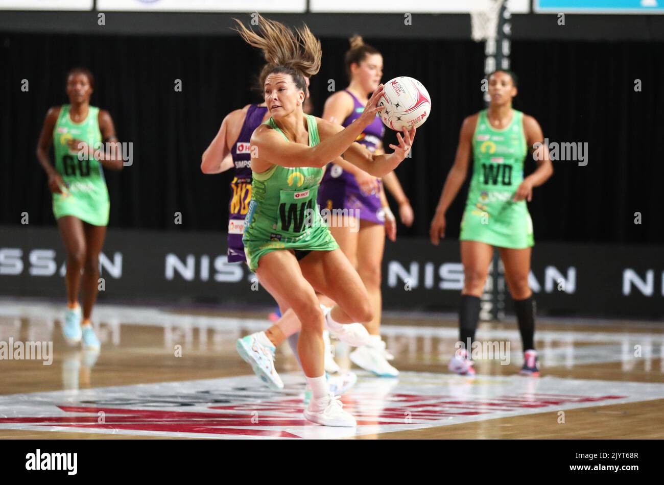 Verity Charles of the Fever in action during the Round 12 Super Netball ...