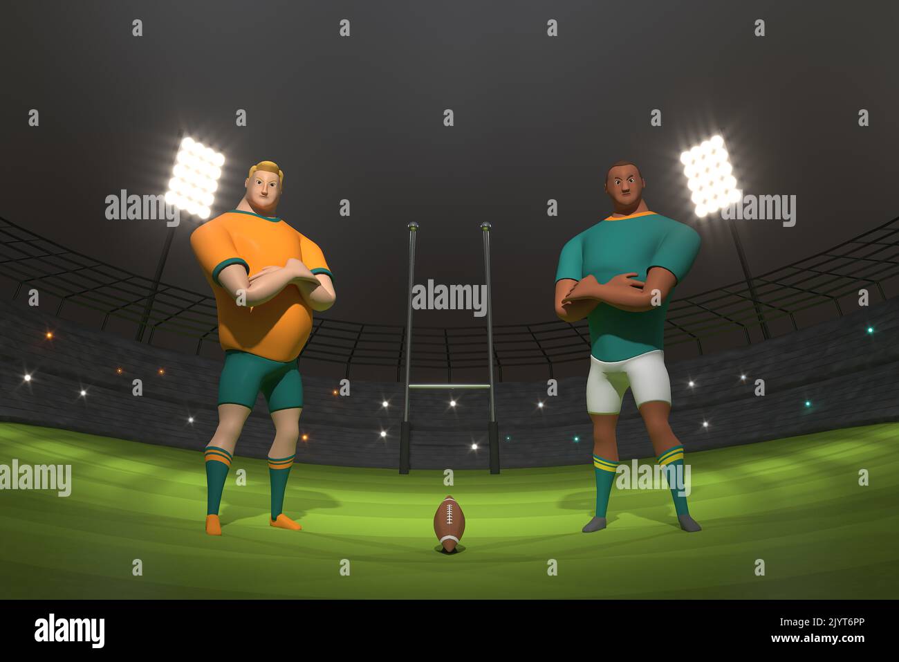 3d rendering Rugby players on professional rugby stadium Stock Photo ...
