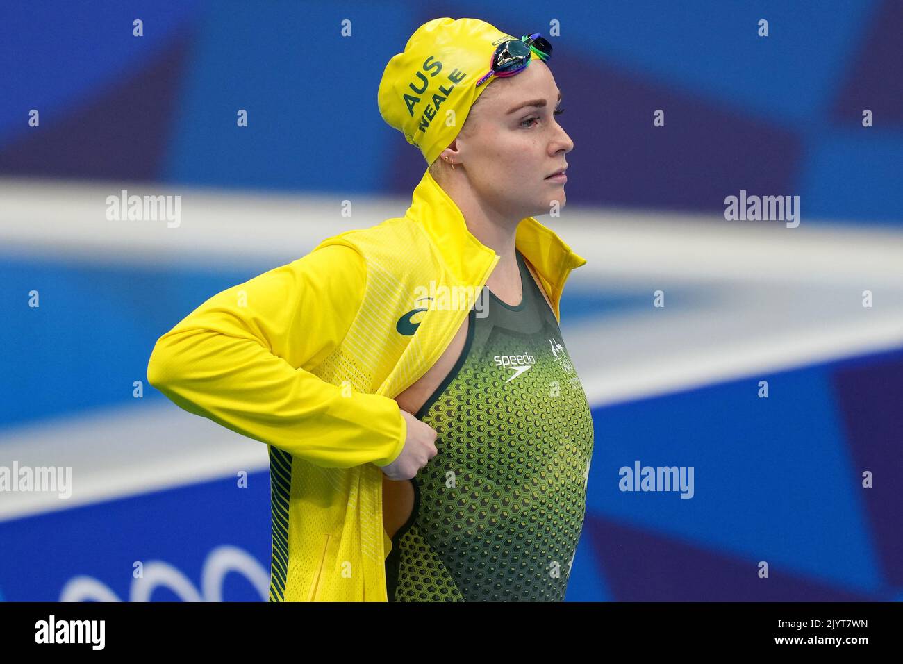 Leah Neale of Australia prepares to swim the final leg in the Women’s ...