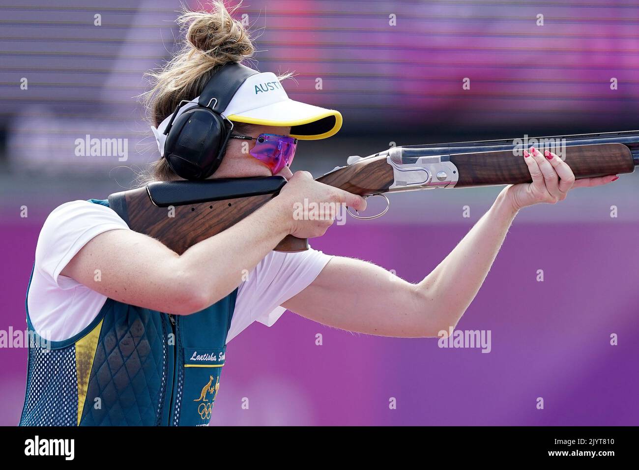 Laetisha Scanlan of Australia during the Trap Women's final at the ...