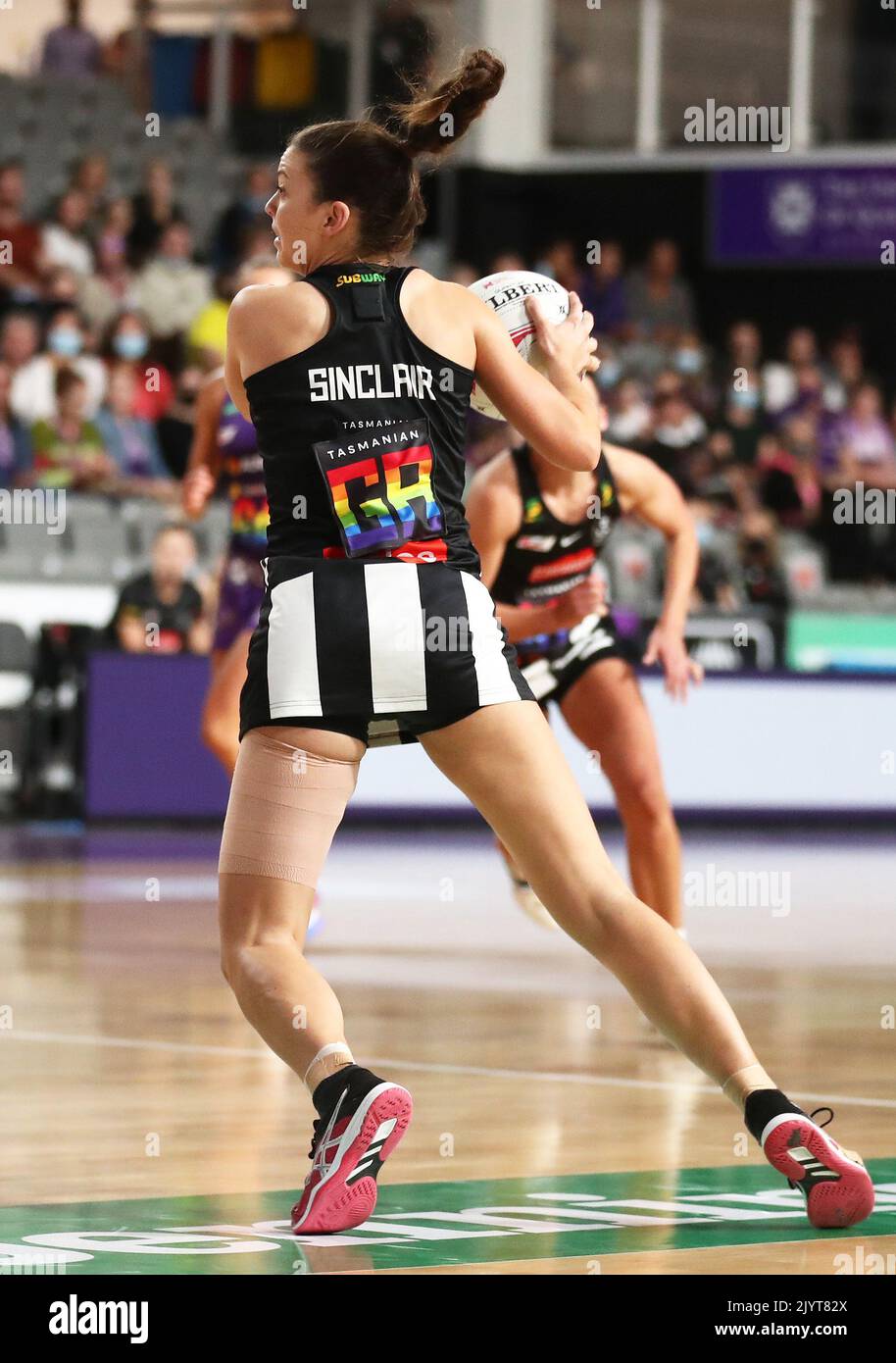 Gabby Sinclair of the Magpies in action during the Round 13 Super ...
