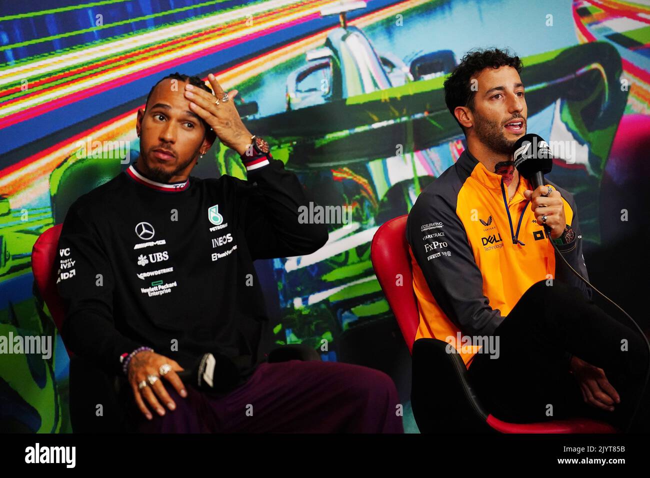 Mercedes' Lewis Hamilton and McLaren's Daniel Ricciardo during the ...