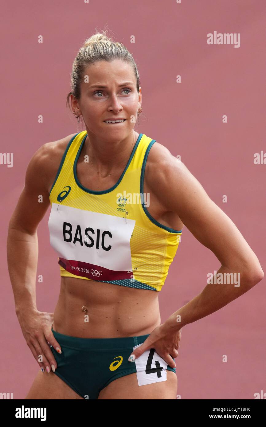 Hana Basic of Australia reacts following the Women's 100m Round 1 heats ...