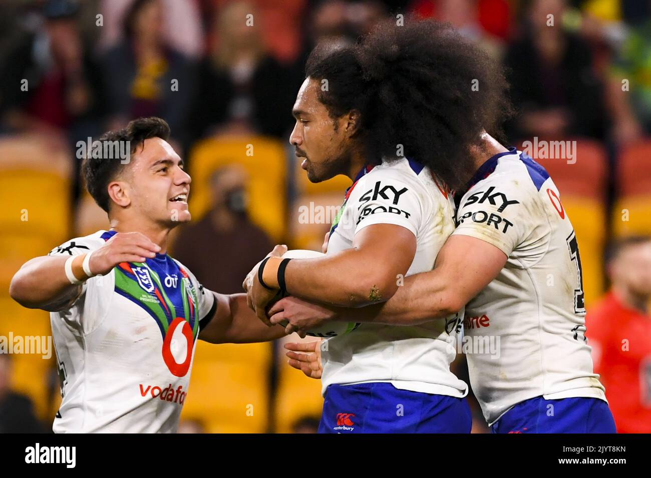 Bunty Afoa of the Warriors celebrates with team mates after scoring a ...