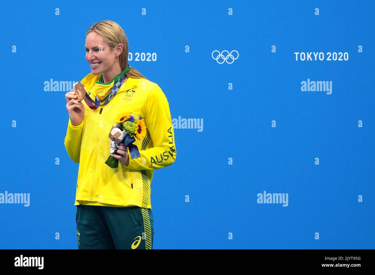 Emily Seebohm of Australia gestures during the medal ceremony after ...