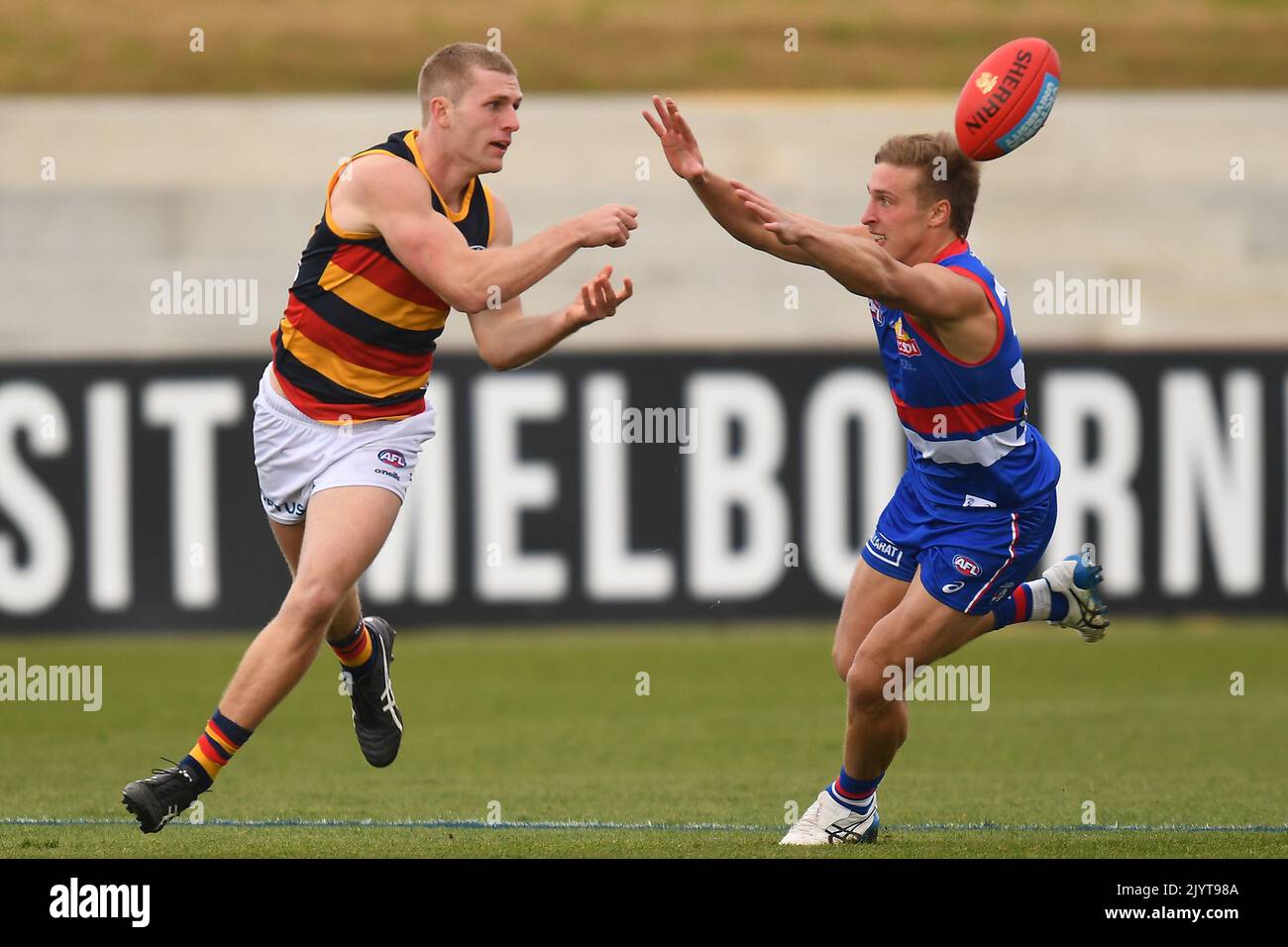 Nick Murray of the Adelaide Crows (left) handballs the footy during the ...