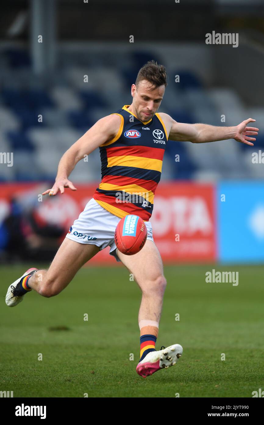 Brodie Smith of the Adelaide Crows kicks the footy during the AFL Round ...