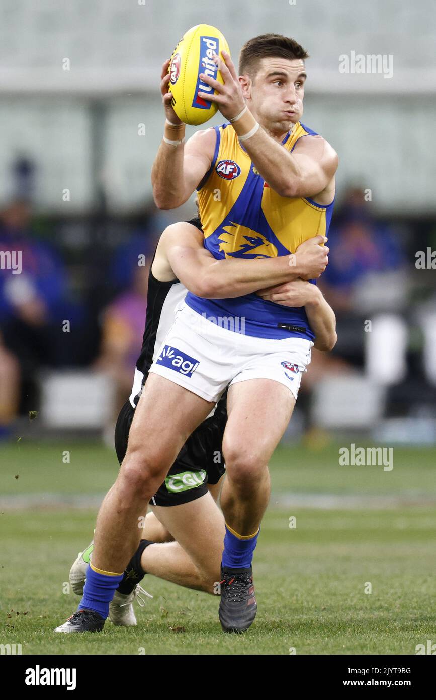 Elliot Yeo of the Eagles is tackled during the AFL Round 20 match ...