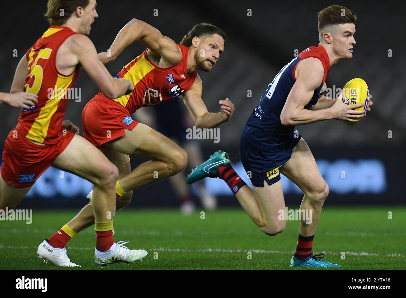 Bayley Fritsch of the Demons (right) in action during the Round 20 AFL ...