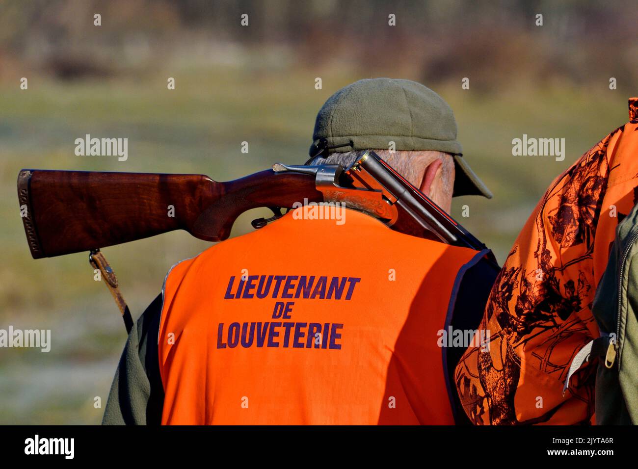 Lieutenant de louveterie (Wolfcatcher) with rifle during a wild boar ...