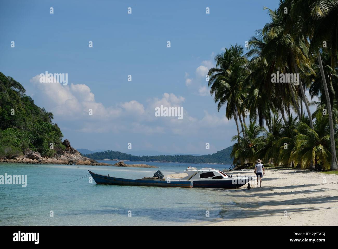 Indonesia Anambas Islands - Beach Scenery with palm trees and boats ...