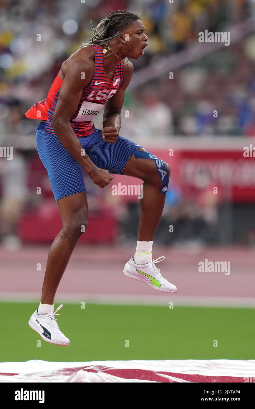Juvaughn Harrison of the USA reacts during the Men’s High Jump final at ...