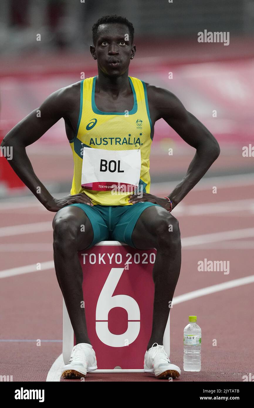 Peter Bol of Australia reacts following his 1st place in the Men’s 800m ...