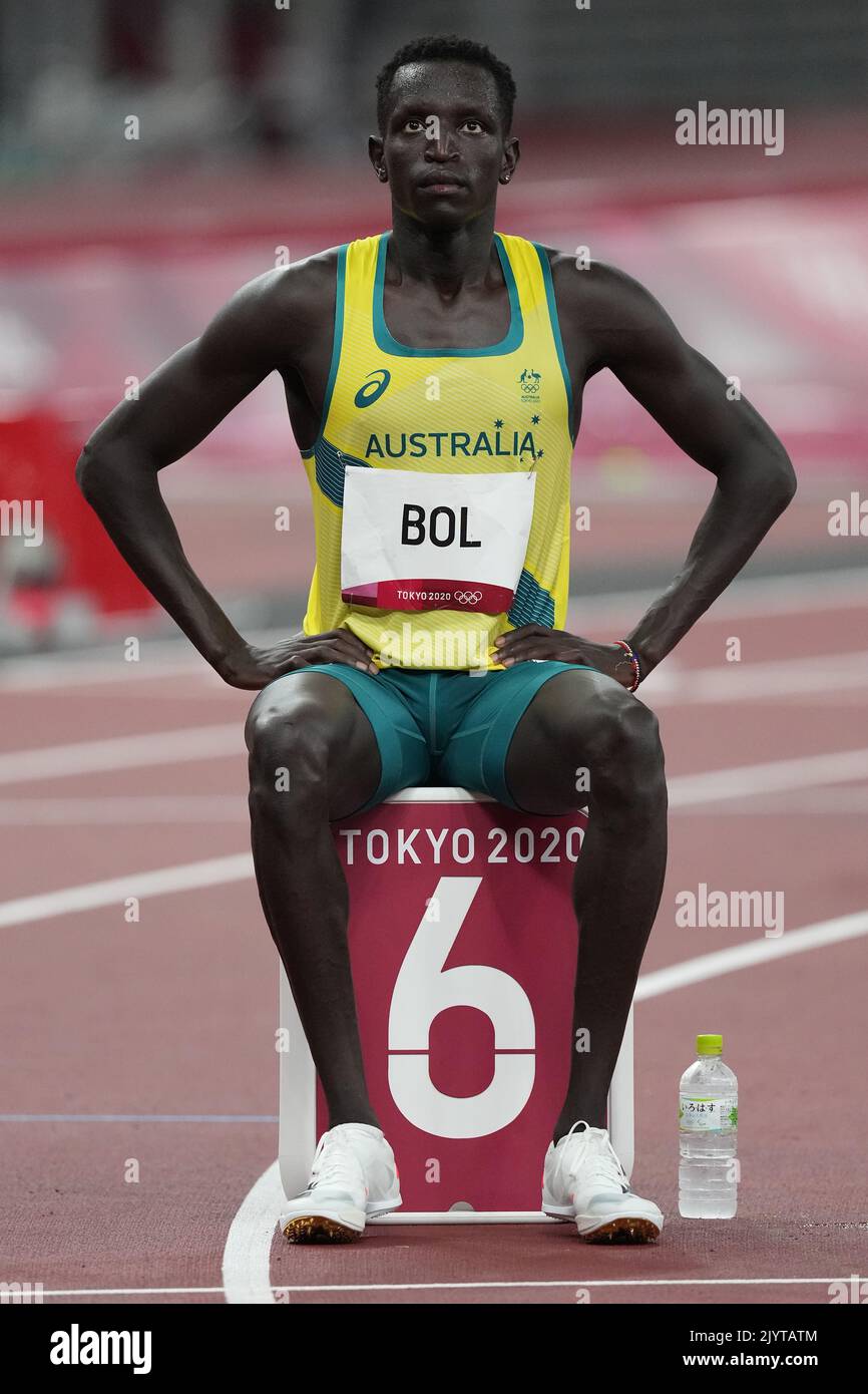 Peter Bol of Australia reacts following his 1st place in the Men’s 800m ...