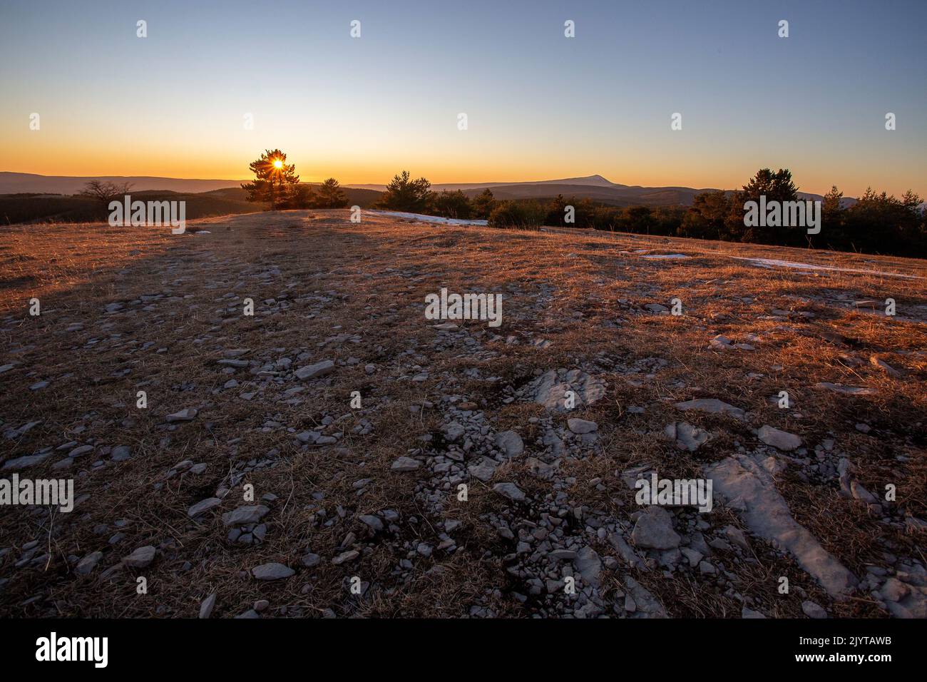 Crests of the Lure mountain and Mont Ventoux at sunset, Alpes de Haute ...