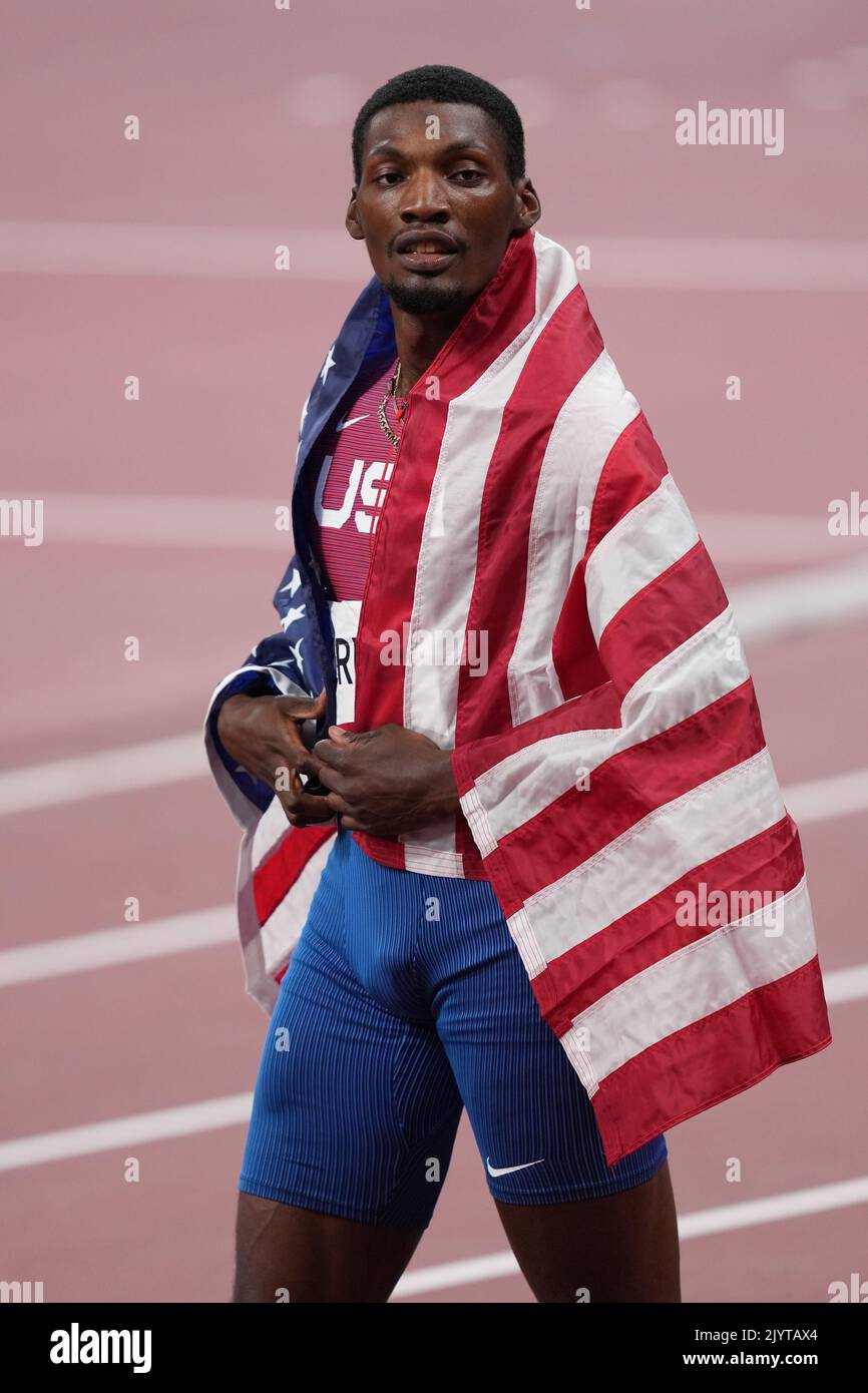 Fred Kerley of the USA Silver medalist in the Men’s 100m final at the Olympic Stadium during the ...