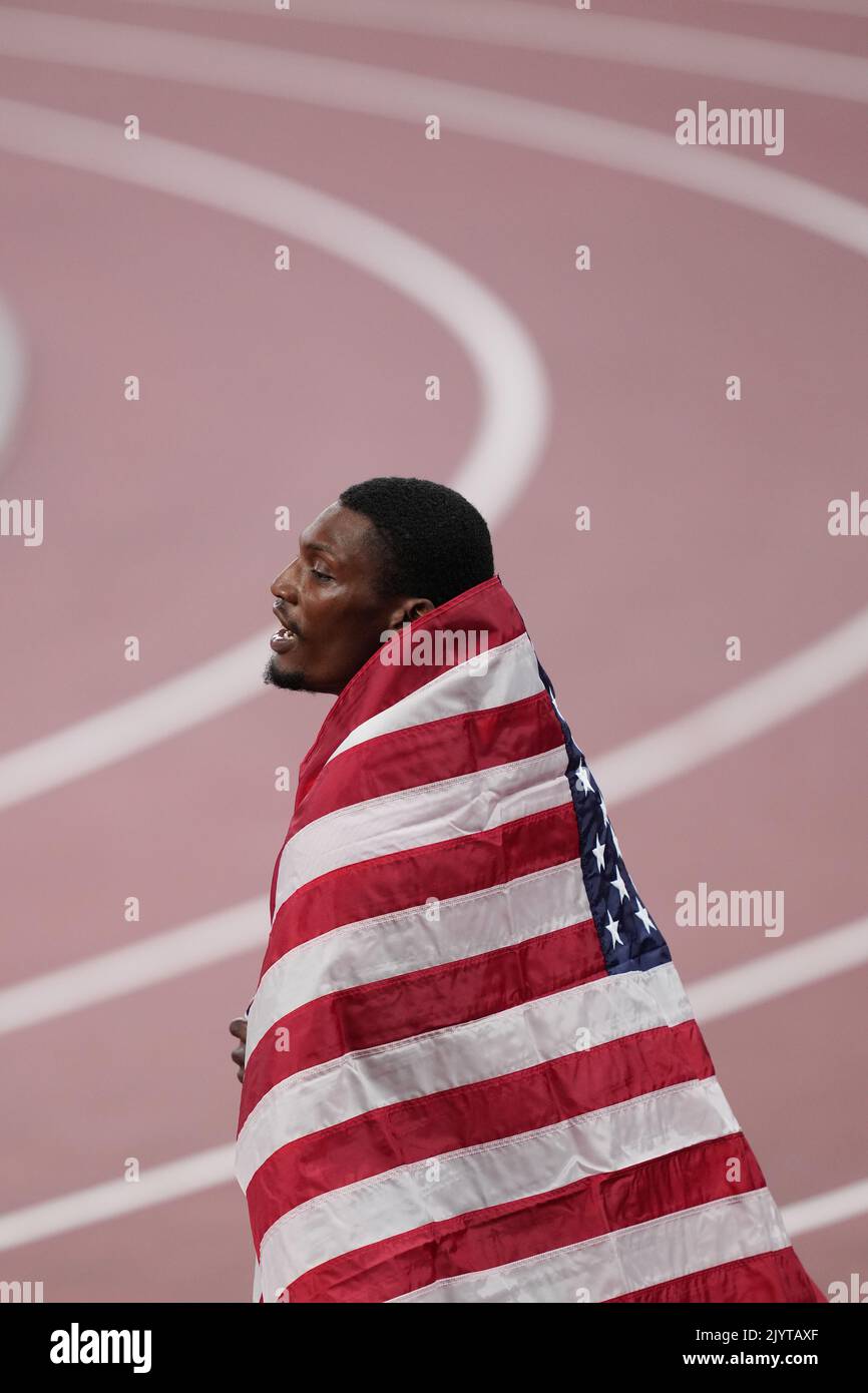 Fred Kerley of the USA Silver medalist in the Men’s 100m final at the Olympic Stadium during the ...