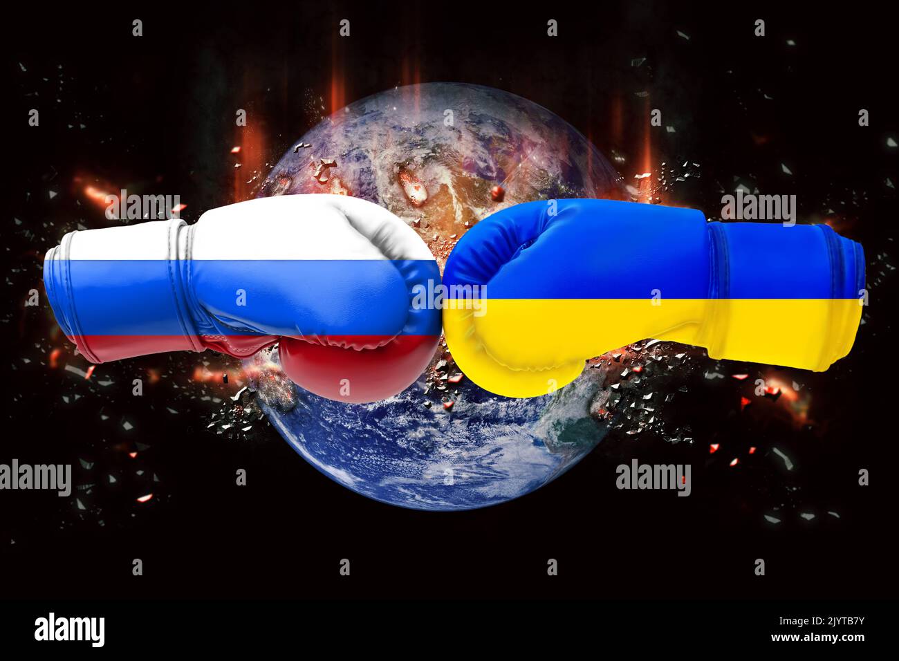 3D illustration flags of Russia and Ukraine on boxing gloves on planet ...